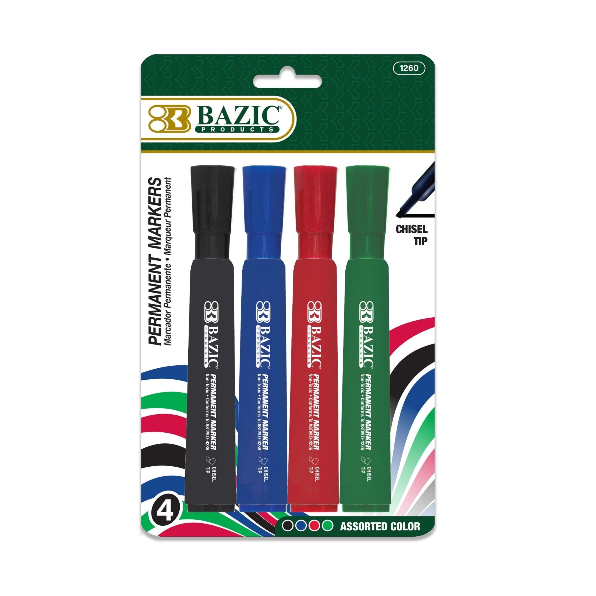BAZIC Assorted Colors Chisel Tip Desk Style Permanent Markers (4/Pack ...