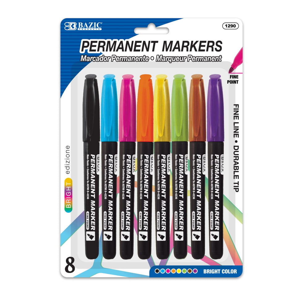 BAZIC Bright Colors Fine Tip Permanent Markers w/ Pocket Clip (8/Pack ...