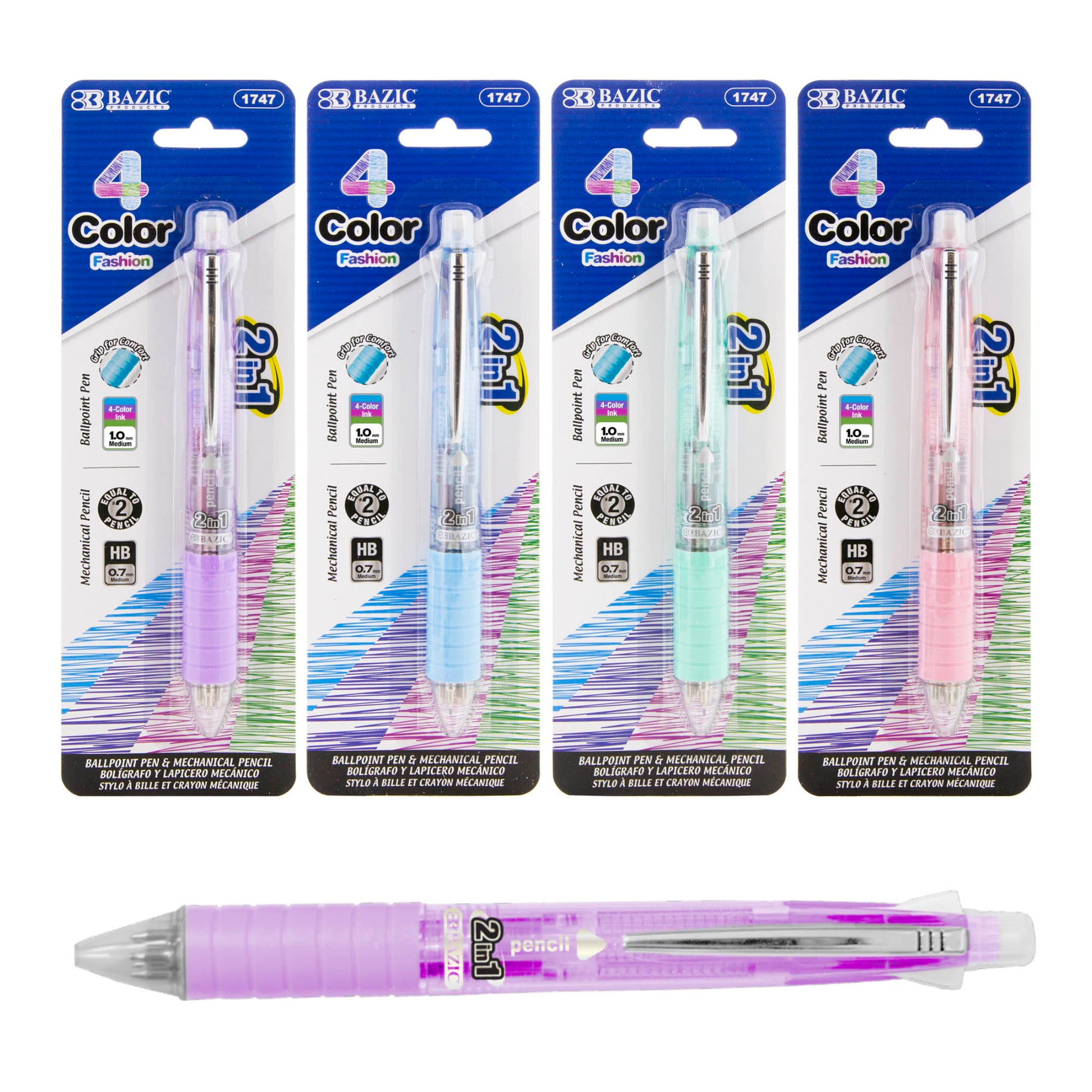 BAZIC 2-In-1 Mechanical Pencil & 4-Fashion Color Pen w/ Cushion Grip ...